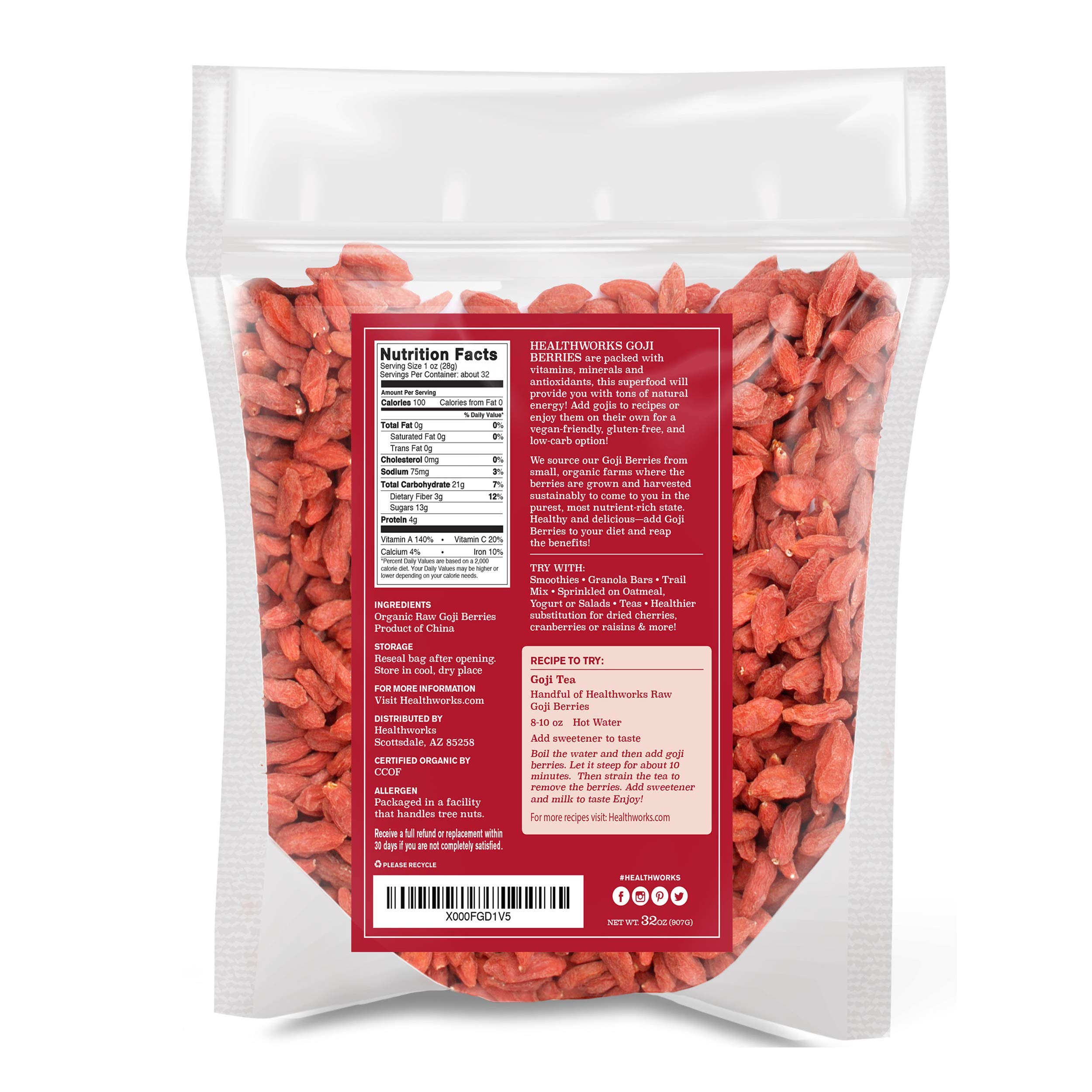 Healthworks Raw Goji Berries (32 Ounces / 2 Pound) | Certified Organic & Sun-Dried | Keto, Vegan & Non-GMO | Baking, Teas & Smoothies | Antioxidant Superfood