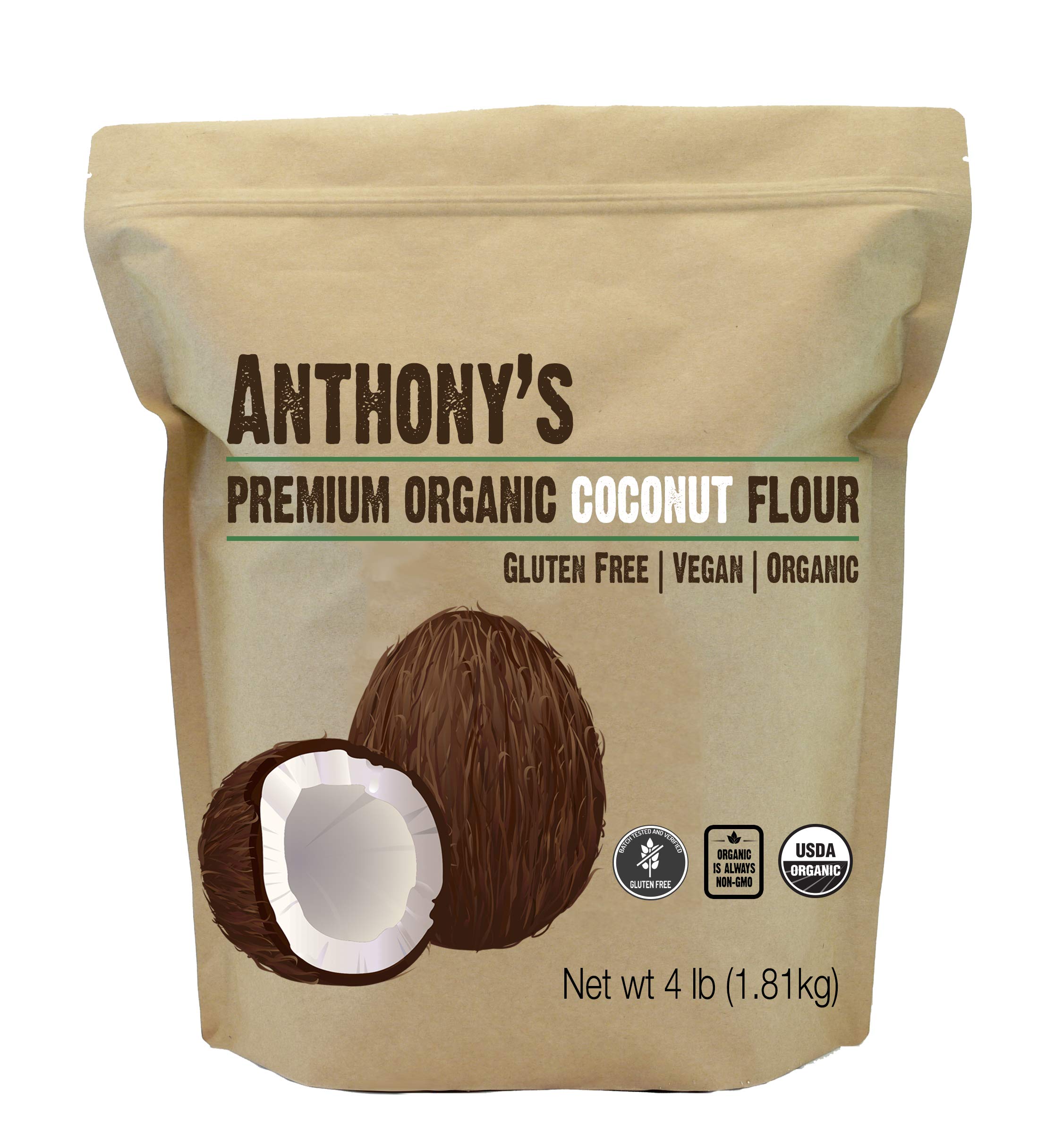 Anthony's Organic Coconut Flour, 4 lb, Batch Tested Gluten Free, Non GMO, Vegan, Keto Friendly