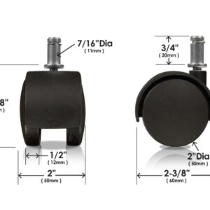 Slipstick CB682 2 Inch Replacement Office Chair Wheels (Set of 5 Casters) Universal Standard Size Stem 7/16 Inch x 7/8 Inch - Black Plastic