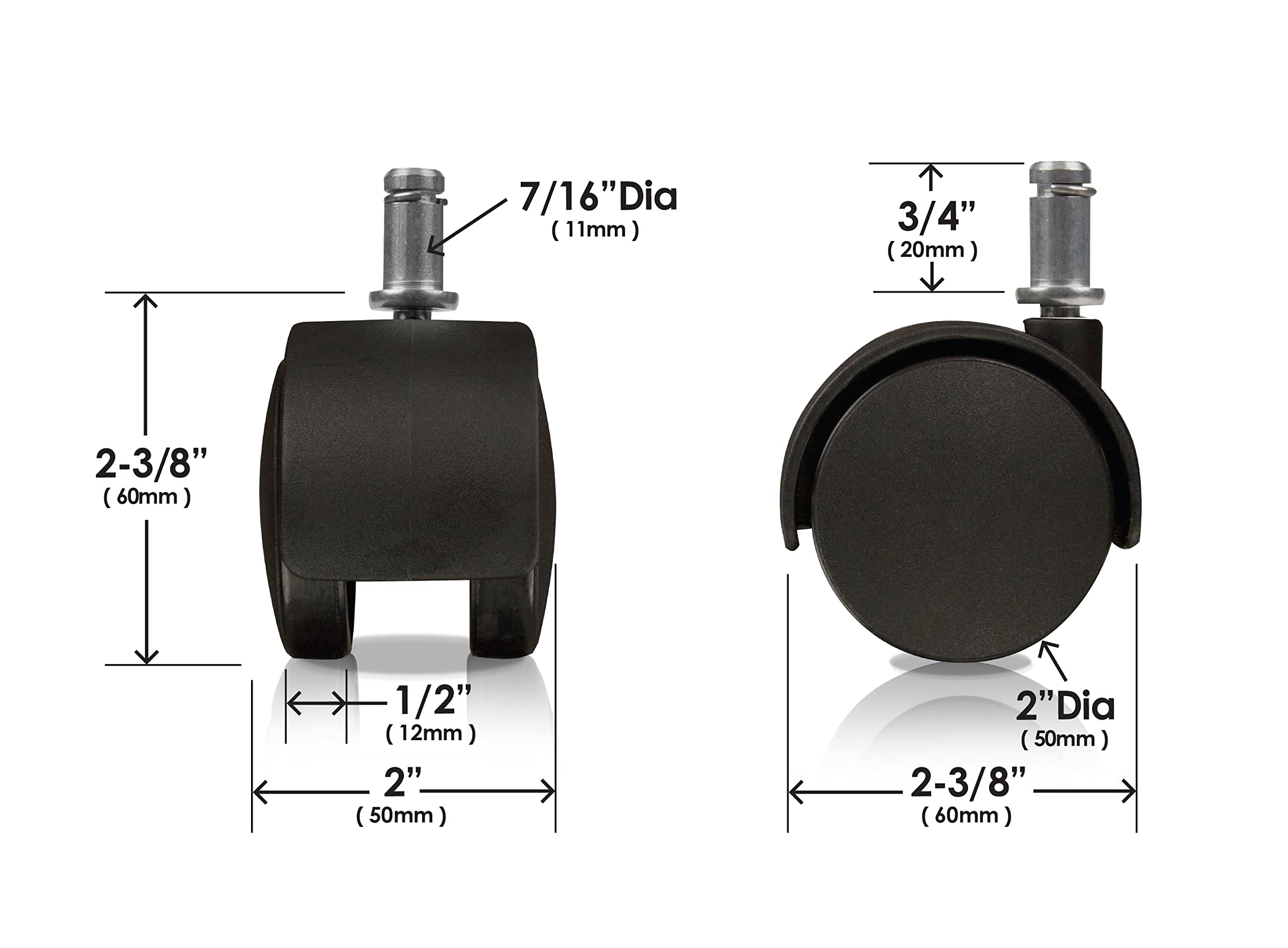 Slipstick CB682 2 Inch Replacement Office Chair Wheels (Set of 5 Casters) Universal Standard Size Stem 7/16 Inch x 7/8 Inch - Black Plastic