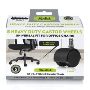 Slipstick CB682 2 Inch Replacement Office Chair Wheels (Set of 5 Casters) Universal Standard Size Stem 7/16 Inch x 7/8 Inch - Black Plastic