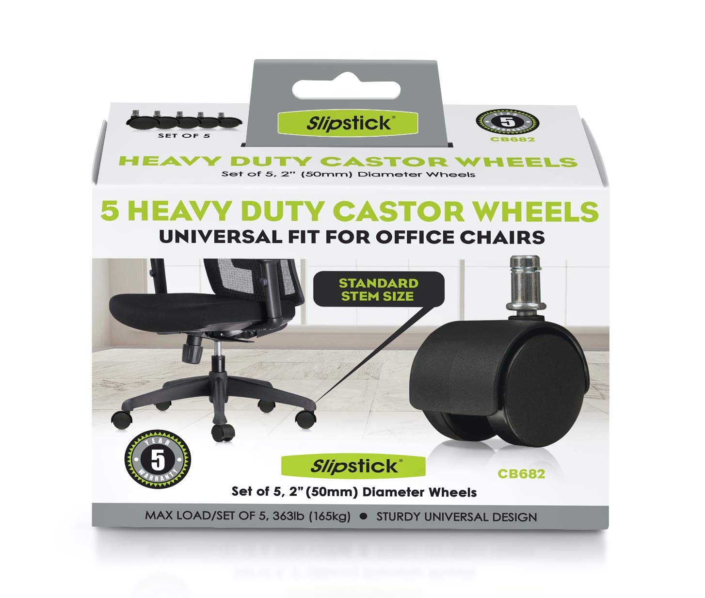 Slipstick CB682 2 Inch Replacement Office Chair Wheels (Set of 5 Casters) Universal Standard Size Stem 7/16 Inch x 7/8 Inch - Black Plastic