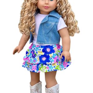 - Feeling Happy - 4 Piece Outfit - Skirt, White T-Shirt, Blue Jeans Vest and White Cowgirl Boots - Clothes Fits 18 Inch Doll (Doll Not Included)