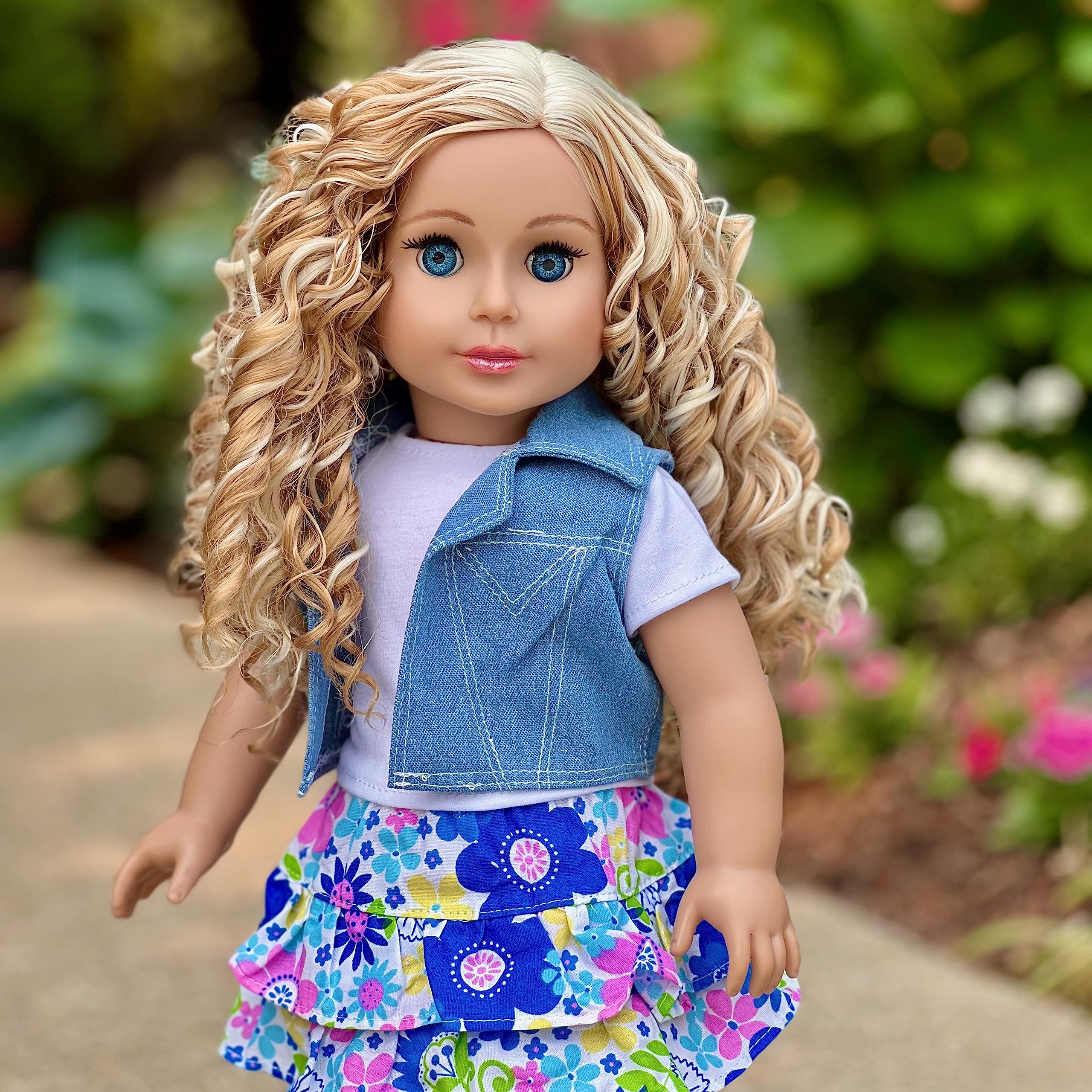 - Feeling Happy - 4 Piece Outfit - Skirt, White T-Shirt, Blue Jeans Vest and White Cowgirl Boots - Clothes Fits 18 Inch Doll (Doll Not Included)