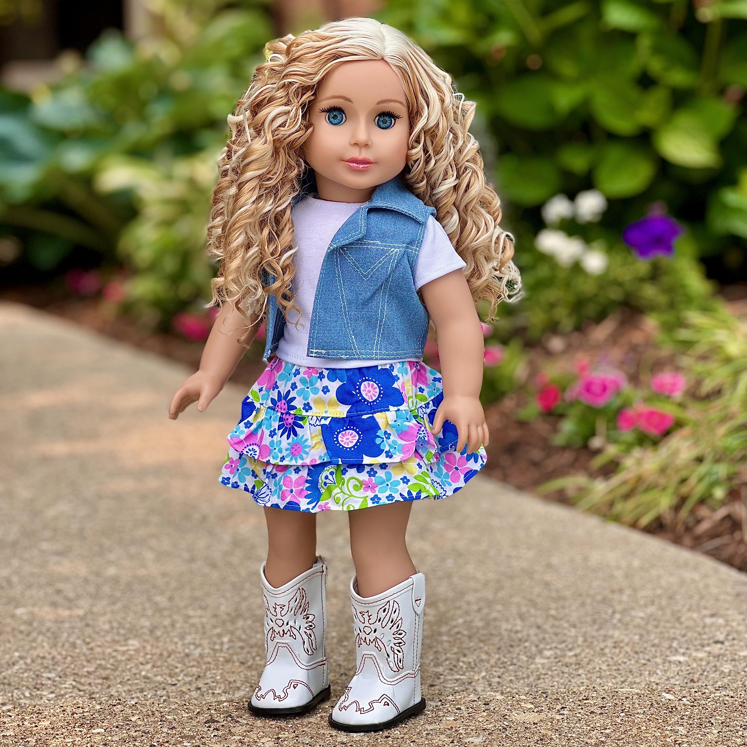 - Feeling Happy - 4 Piece Outfit - Skirt, White T-Shirt, Blue Jeans Vest and White Cowgirl Boots - Clothes Fits 18 Inch Doll (Doll Not Included)