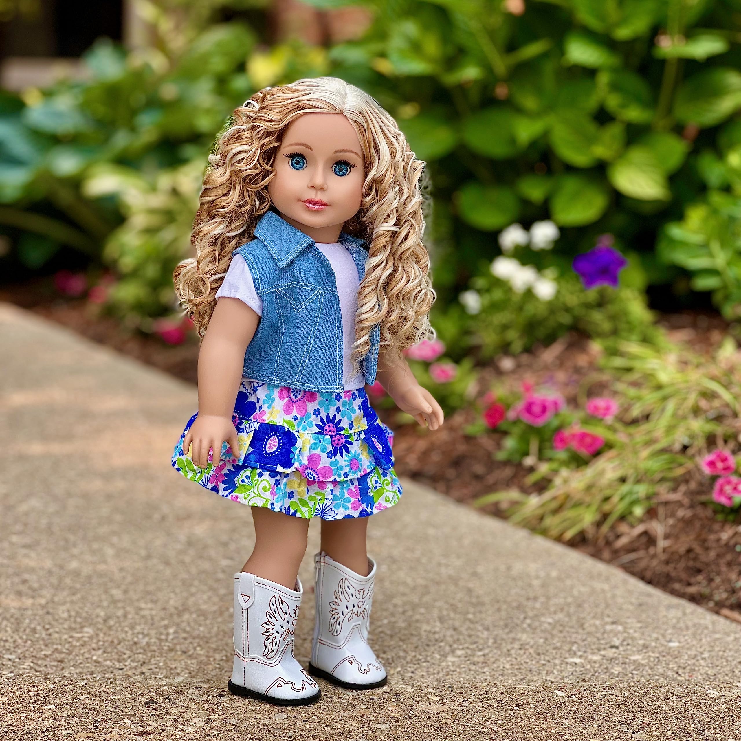 - Feeling Happy - 4 Piece Outfit - Skirt, White T-Shirt, Blue Jeans Vest and White Cowgirl Boots - Clothes Fits 18 Inch Doll (Doll Not Included)