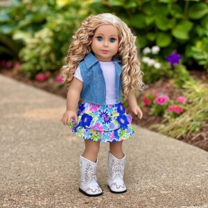 - Feeling Happy - 4 Piece Outfit - Skirt, White T-Shirt, Blue Jeans Vest and White Cowgirl Boots - Clothes Fits 18 Inch Doll (Doll Not Included)