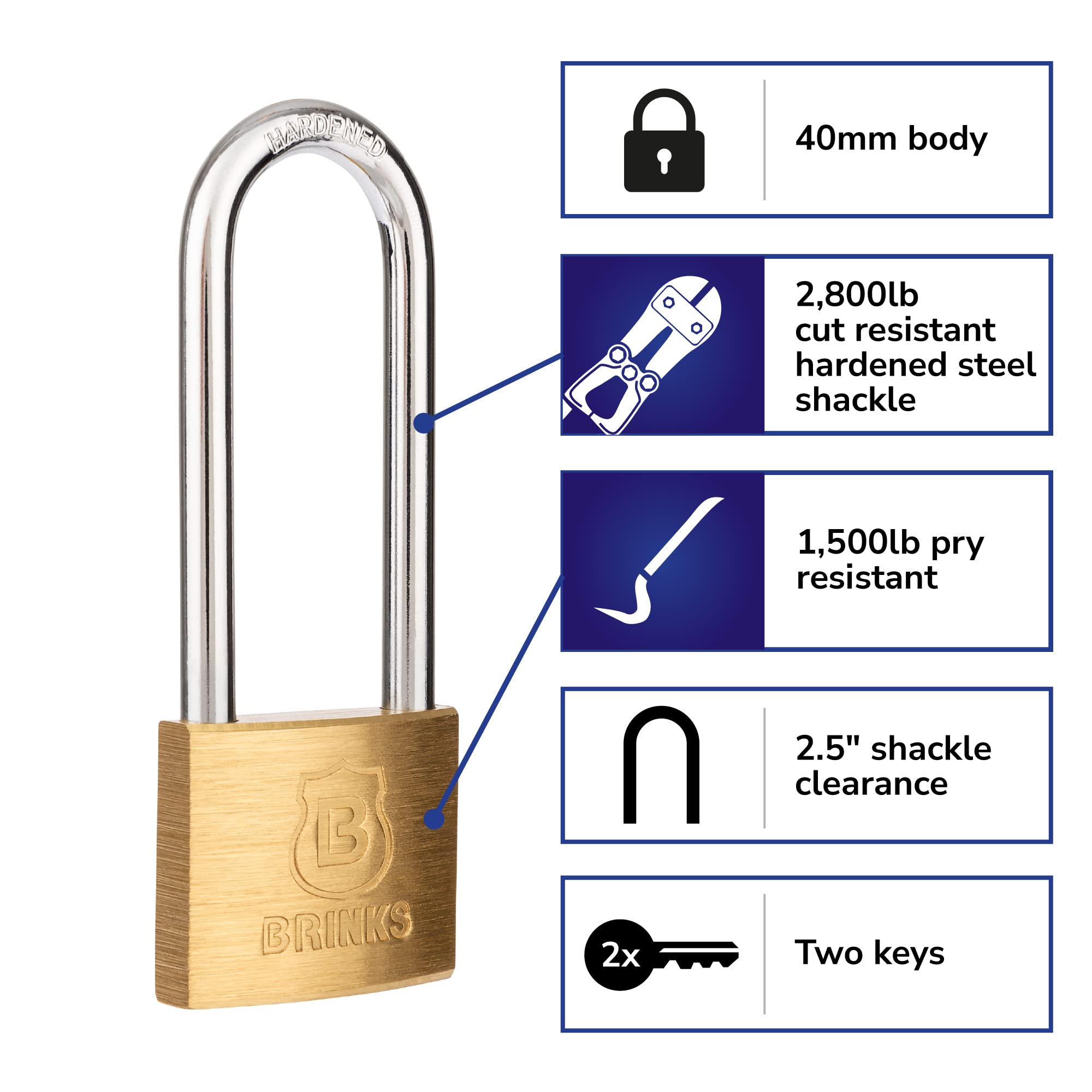 BRINKS - 40mm Solid Brass Keyed Padlock with 2.5” Shackle Clearance, 2-Pack - Chrome Plated with Hardened Steel Shackle, (171-42201)