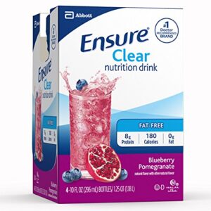 Ensure Liquid Clear Nutrition Drink, 0g fat, 8g of protein, Blueberry Pomegranate, 10 Fl Oz (Pack of 12), Bottle, gluten free