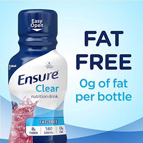 Ensure Liquid Clear Nutrition Drink, 0g fat, 8g of protein, Blueberry Pomegranate, 10 Fl Oz (Pack of 12), Bottle, gluten free