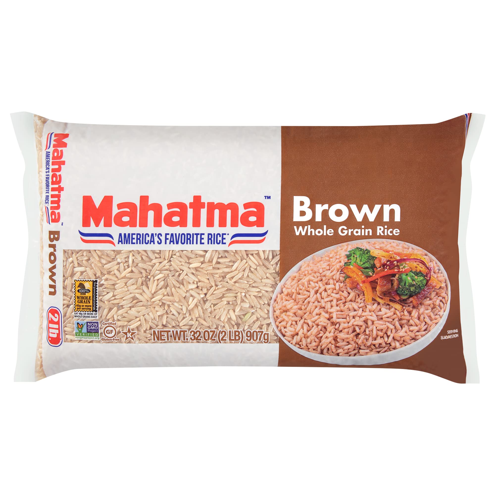 Mahatma Whole-Grain Brown Rice, 32-Ounce Bag of Rice, Stovetop or Microwave Rice