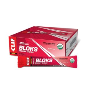 clif bloks - strawberry flavor - energy chews - non-gmo - plant based - fast fuel for cycling and running - quick carbohydrates and electrolytes - 2.12 oz. (18 count)