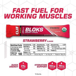 CLIF BLOKS - Strawberry Flavor - Energy Chews - Non-GMO - Plant Based - Fast Fuel for Cycling and Running - Quick Carbohydrates and Electrolytes - 2.12 oz. (18 Count)