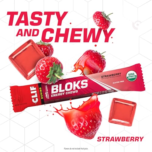 CLIF BLOKS - Strawberry Flavor - Energy Chews - Non-GMO - Plant Based - Fast Fuel for Cycling and Running - Quick Carbohydrates and Electrolytes - 2.12 oz. (18 Count)