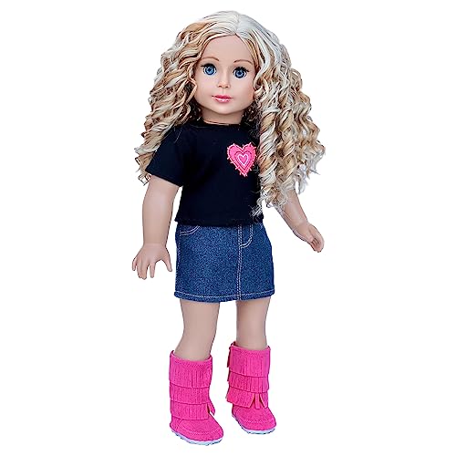 - Rock Star - 3 Piece Outfit - T-Shirt, Denim Skirt and Pink Boots - Clothes Fits 18 Inch Doll (Doll Not Included)