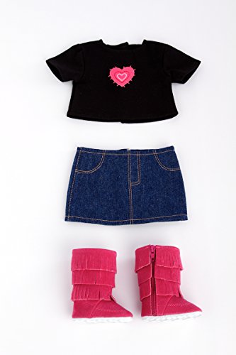 - Rock Star - 3 Piece Outfit - T-Shirt, Denim Skirt and Pink Boots - Clothes Fits 18 Inch Doll (Doll Not Included)