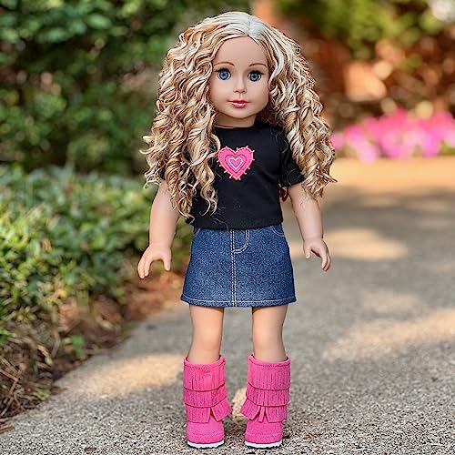 - Rock Star - 3 Piece Outfit - T-Shirt, Denim Skirt and Pink Boots - Clothes Fits 18 Inch Doll (Doll Not Included)