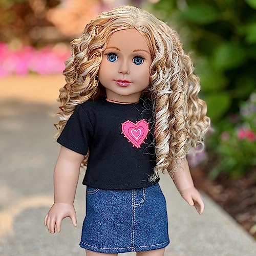 - Rock Star - 3 Piece Outfit - T-Shirt, Denim Skirt and Pink Boots - Clothes Fits 18 Inch Doll (Doll Not Included)