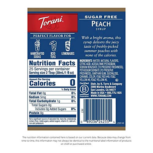 Torani Sugar Free Syrup, Peach, 25.4 Ounces (Pack of 4)