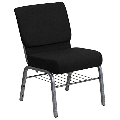 Flash Furniture HERCULES Series 21''W Church Chair in Black Fabric with Book Rack - Silver Vein Frame