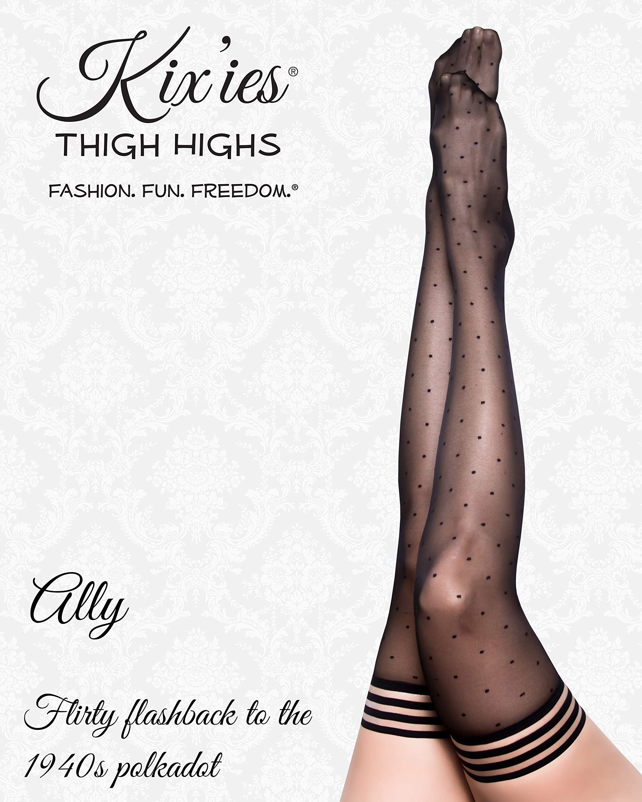 Kix'ies Thigh Highs | Thigh High Womens Stockings with No Slip Grip Stay Ups Thigh Bands | Womens Thigh High Stockings | Sexy Thigh High Stockings & Lingerie for Women (Ally Black Polka Dot | 1304D)