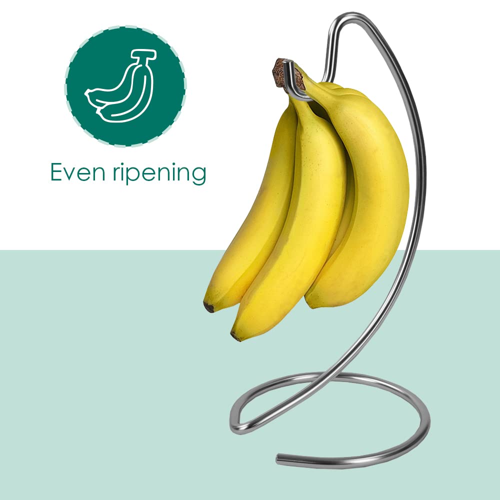 Freestanding Banana Holder, By Home Basics (Satin Nickel) | Metal Banana Hanger | Banana Tree Hanger with Hook and Base for Countertop and Table