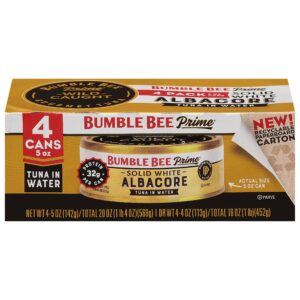 bumble bee prime solid white albacore tuna in water,premium wild caught tuna - 31g protein per serving - non-gmo project verified, gluten free, kosher, 5 ounce (pack of 4)