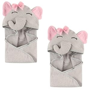 hudson baby unisex baby cotton animal face hooded towel, pretty elephant 2-piece, one size