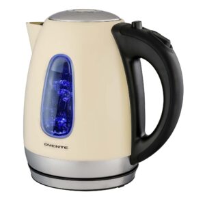 ovente electric kettle stainless steel instant hot water boiler bpa free 1.7 liter 1100 watts fast boiling with cordless body and automatic shut off safe and perfect for tea coffee milk, beige ks96bg