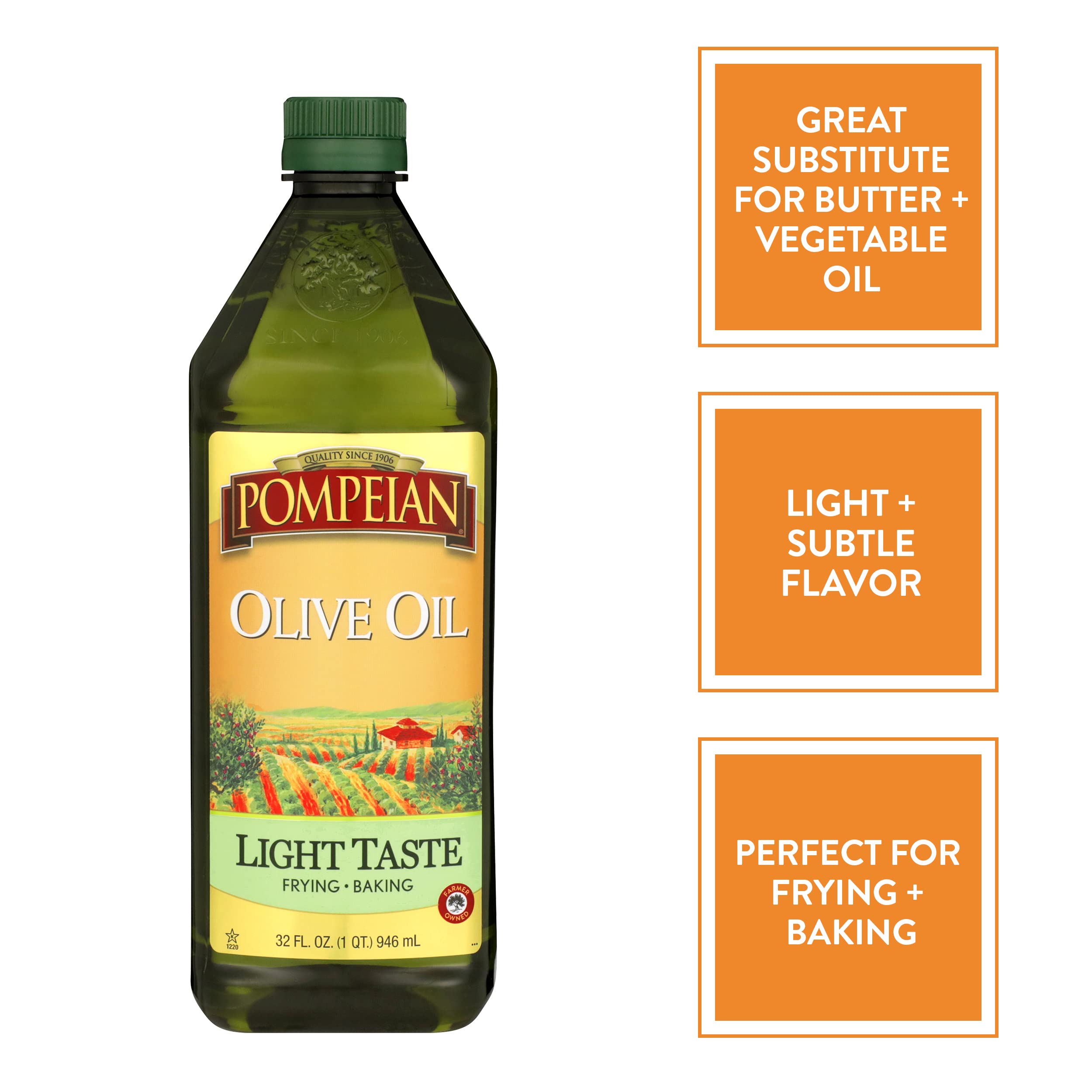 Pompeian Light Taste Olive Oil, Light, Subtle Flavor, Perfect for Frying & Baking, Naturally Gluten Free, Non-Allergenic, Non-GMO, 32 FL. OZ.