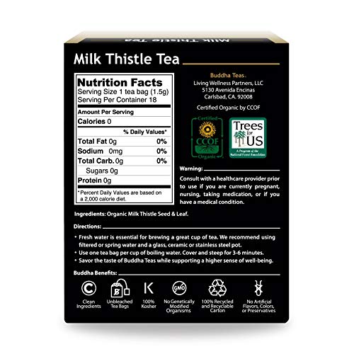 Buddha Teas Organic Milk Thistle Tea - OU Kosher, USDA Organic, CCOF Organic, 18 Bleach-Free Tea Bags