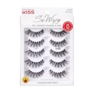 kiss so wispy, false eyelashes, style #11', 12 mm, includes 5 pairs of lashes, contact lens friendly, easy to apply, reusable strip lashes, glue on, mulitpack