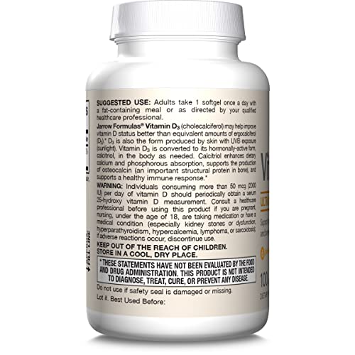 Jarrow Formulas Vitamin D3 62.5 mcg (2,500 IU) - 100 Servings (Softgels) - Bone Health, Immune Support & Calcium Metabolism Support - Vitamin D Supplement - D3 Vitamins - 2500 Vitamin D - Gluten Free