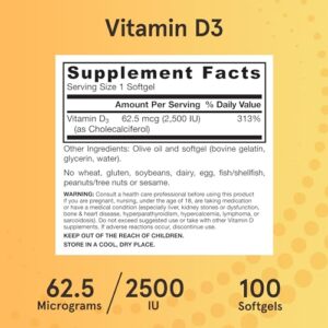 Jarrow Formulas Vitamin D3 62.5 mcg (2,500 IU) - 100 Servings (Softgels) - Bone Health, Immune Support & Calcium Metabolism Support - Vitamin D Supplement - D3 Vitamins - 2500 Vitamin D - Gluten Free