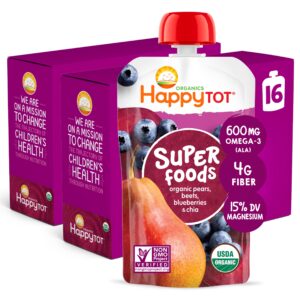 happytot organics super foods stage 4, pears, blueberries & beets + super chia, 4.22 ounce pouch (pack of 16) packaging may vary