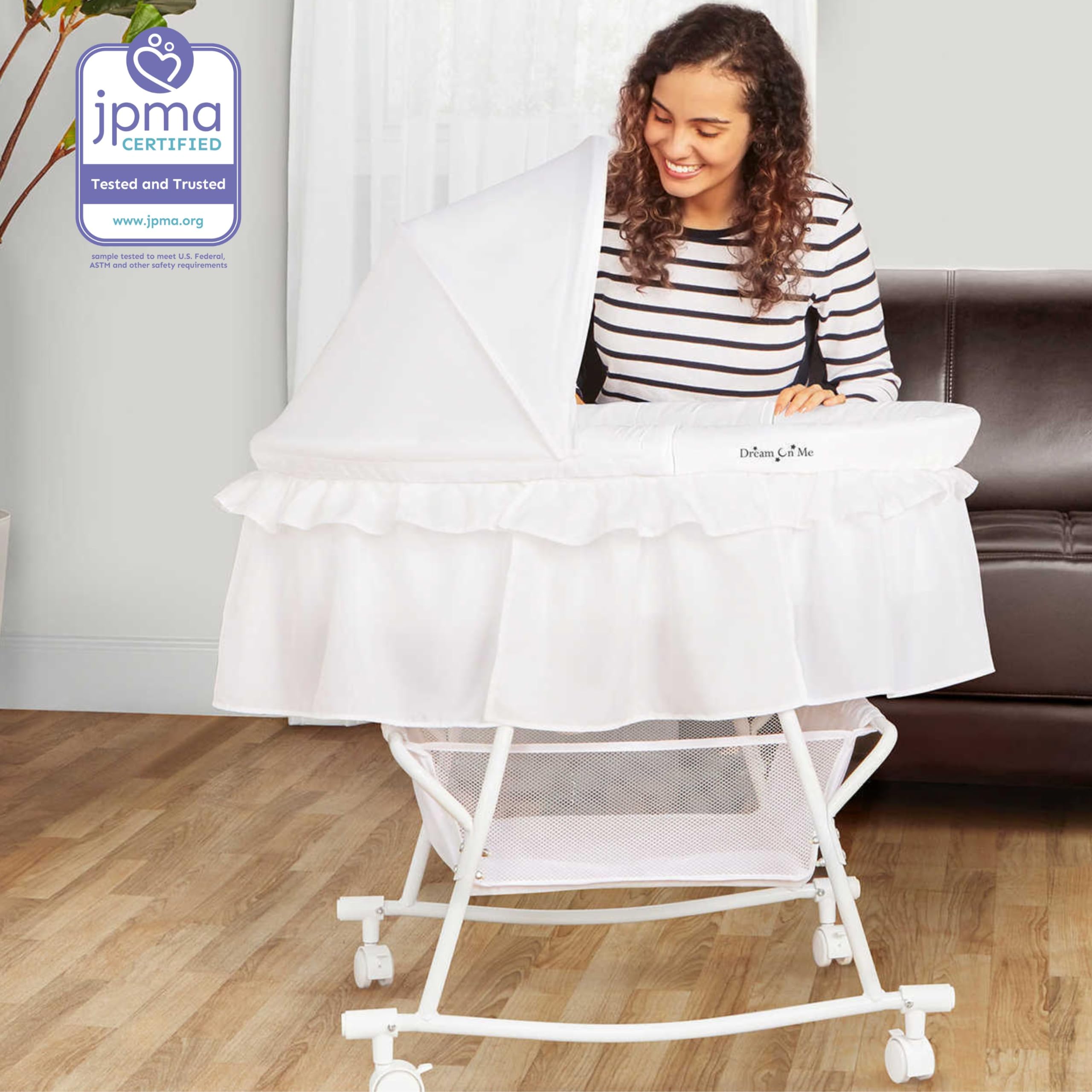 Dream On Me Lacy Portable 2-in-1 Bassinet & Cradle in White, Lightweight Baby Bassinet with Storage Basket, Adjustable and Removable Canopy