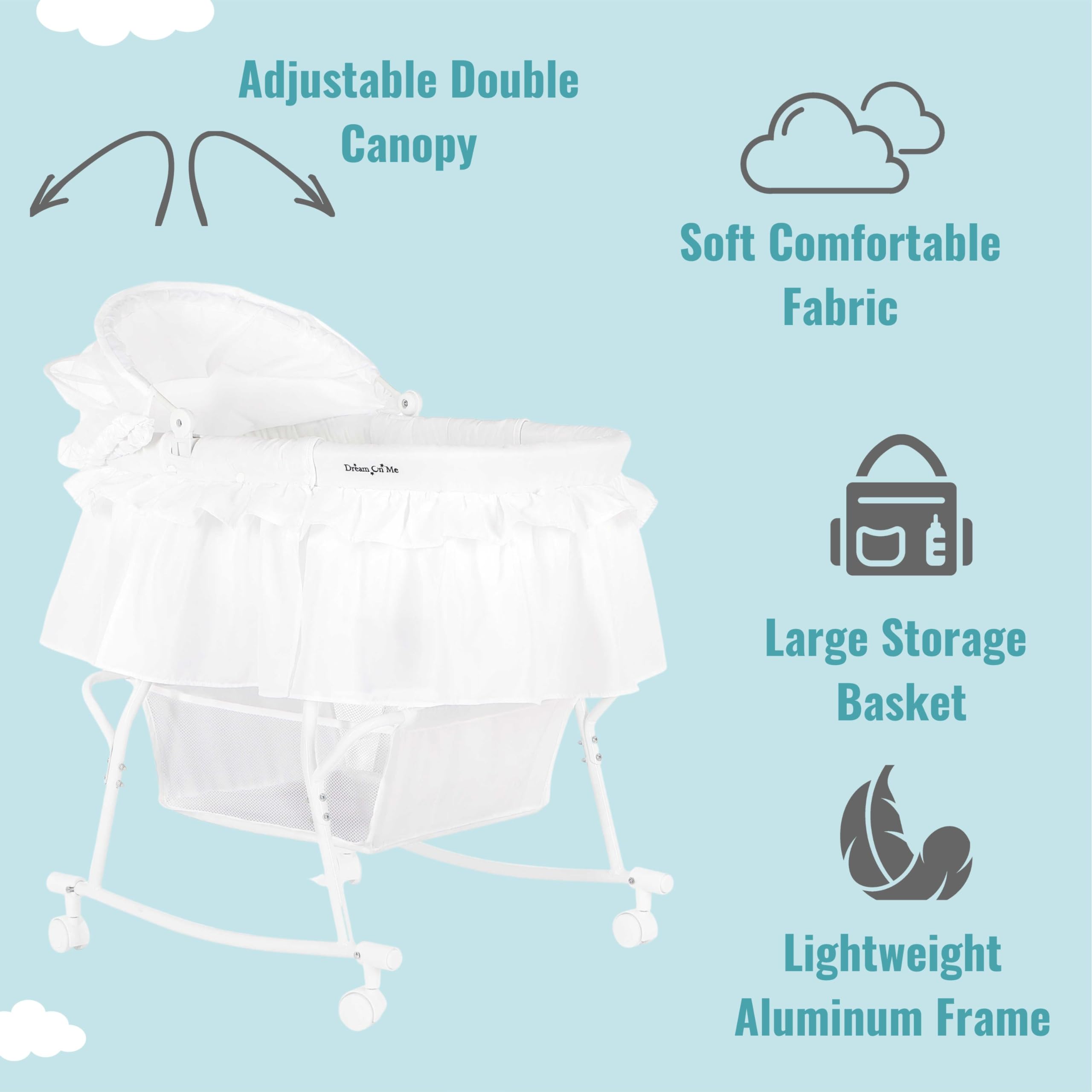 Dream On Me Lacy Portable 2-in-1 Bassinet & Cradle in White, Lightweight Baby Bassinet with Storage Basket, Adjustable and Removable Canopy