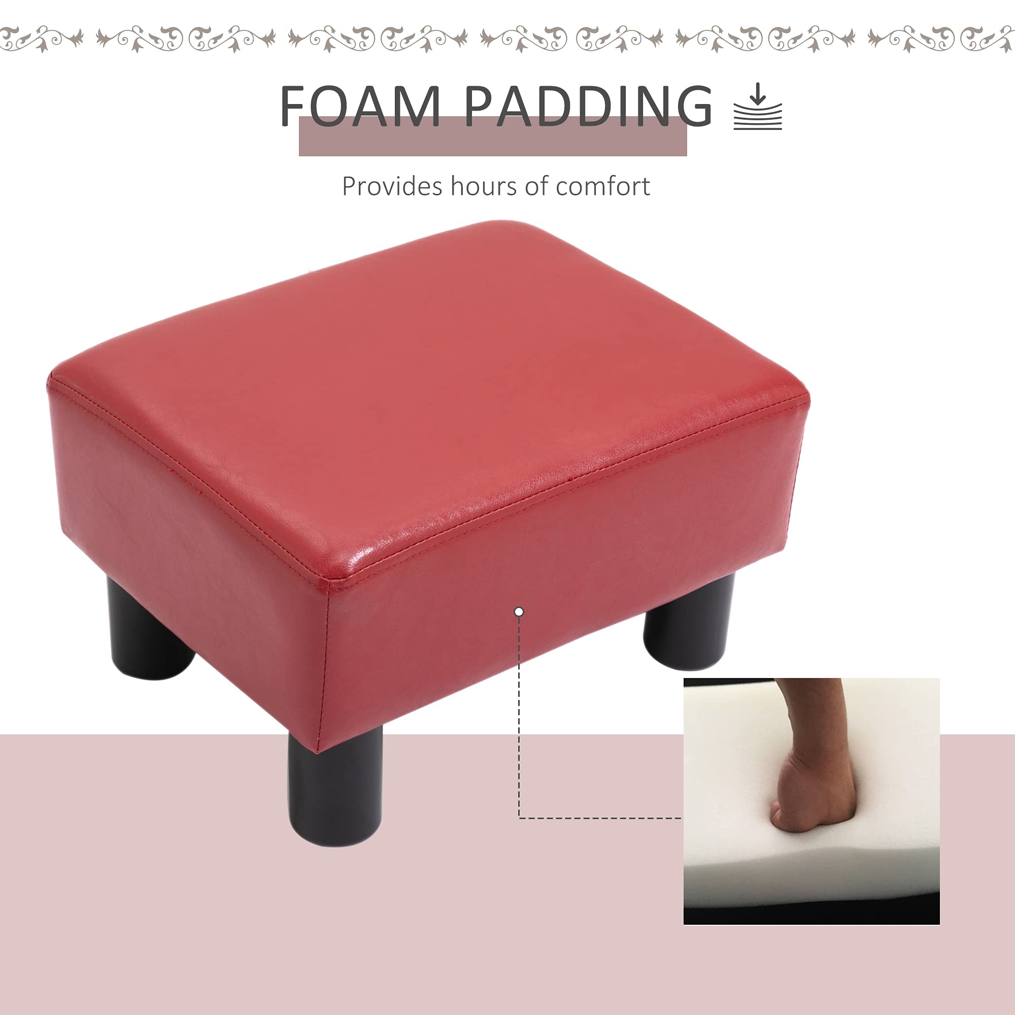 HOMCOM Ottoman Foot Rest, Small Foot Stool with Faux Leather Upholstery, Rectangular Ottoman Footrest with Padded Foam Seat and Plastic Legs, Red