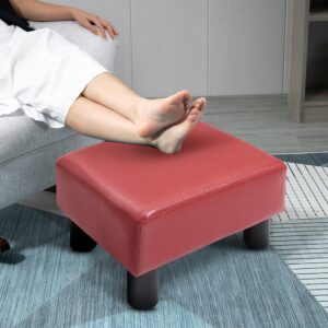 HOMCOM Ottoman Foot Rest, Small Foot Stool with Faux Leather Upholstery, Rectangular Ottoman Footrest with Padded Foam Seat and Plastic Legs, Red