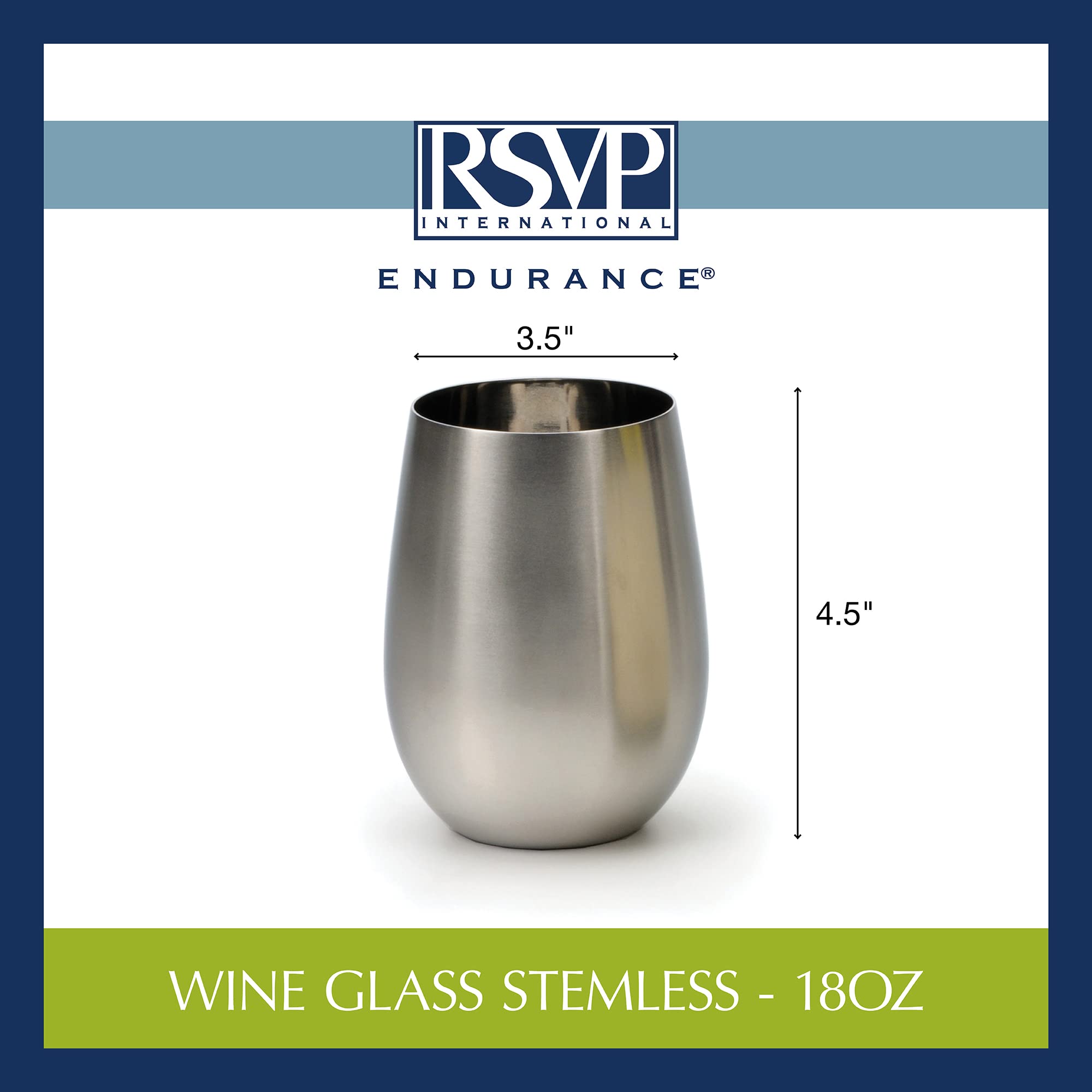 RSVP International Brushed Stainless Steel Barware Collection, Stemless Wine Glass, 18-Ounce