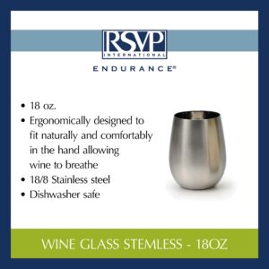 RSVP International Brushed Stainless Steel Barware Collection, Stemless Wine Glass, 18-Ounce