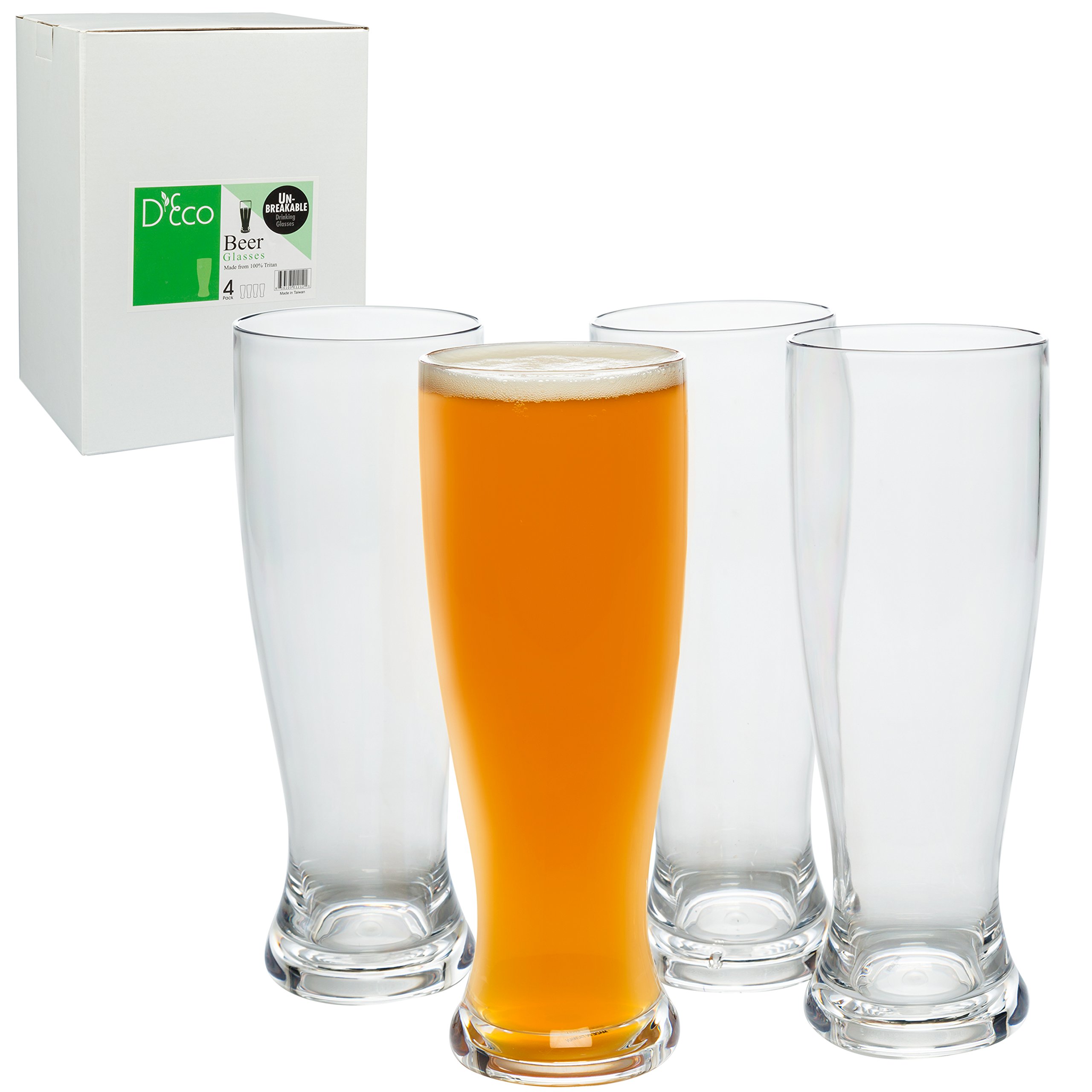 D'Eco Unbreakable 24 oz Pilsner Beer Glasses (Set of 4) - Reusable Shatterproof Classic Pub Beer & Cocktail Glasses - Perfect Indoor Outdoor Drinking Cups for Parties - Large Beer Pint Glasses Set