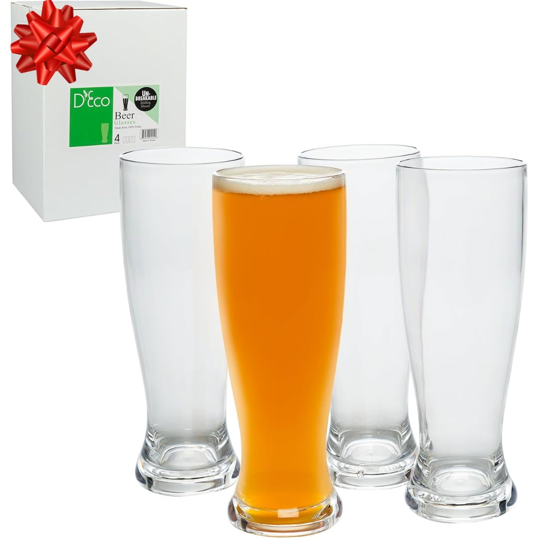 D'Eco Unbreakable 24 oz Pilsner Beer Glasses (Set of 4) - Reusable Shatterproof Classic Pub Beer & Cocktail Glasses - Perfect Indoor Outdoor Drinking Cups for Parties - Large Beer Pint Glasses Set