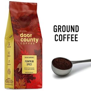 Door County Coffee, Fall Seasonal Flavored Coffee, Pumpkin Spice Decaf, Cinnamon & Nutmeg Flavored Coffee, Medium Roast, Ground Coffee, 8 oz Bag