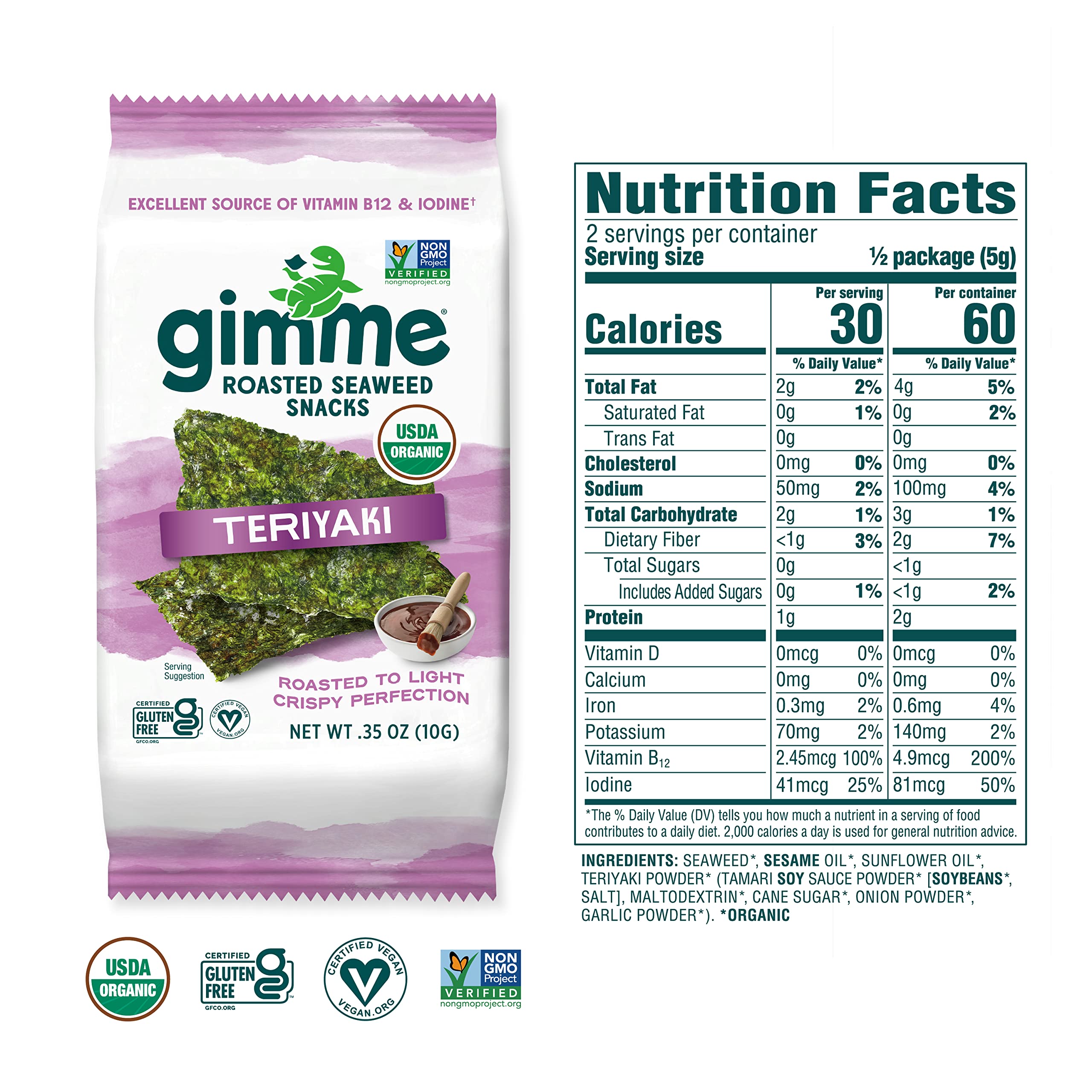 gimMe Organic Roasted Seaweed Sheets - Teriyaki - 12 Count Sharing Packs - Keto, Vegan, Gluten Free -Great Source of Iodine and Omega 3’s - Healthy On-The-Go Snack for Kids & Adults