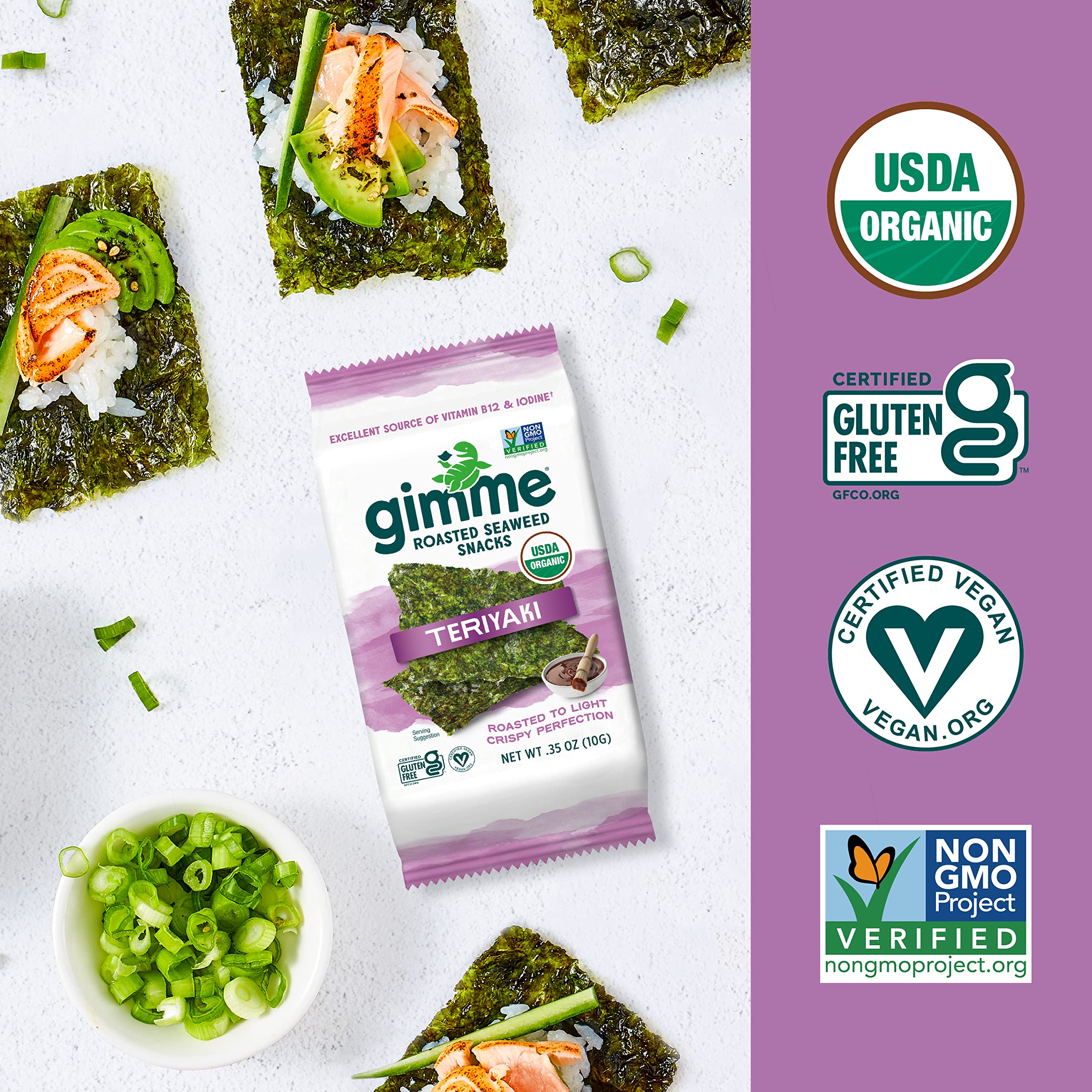 gimMe Organic Roasted Seaweed Sheets - Teriyaki - 12 Count Sharing Packs - Keto, Vegan, Gluten Free -Great Source of Iodine and Omega 3’s - Healthy On-The-Go Snack for Kids & Adults