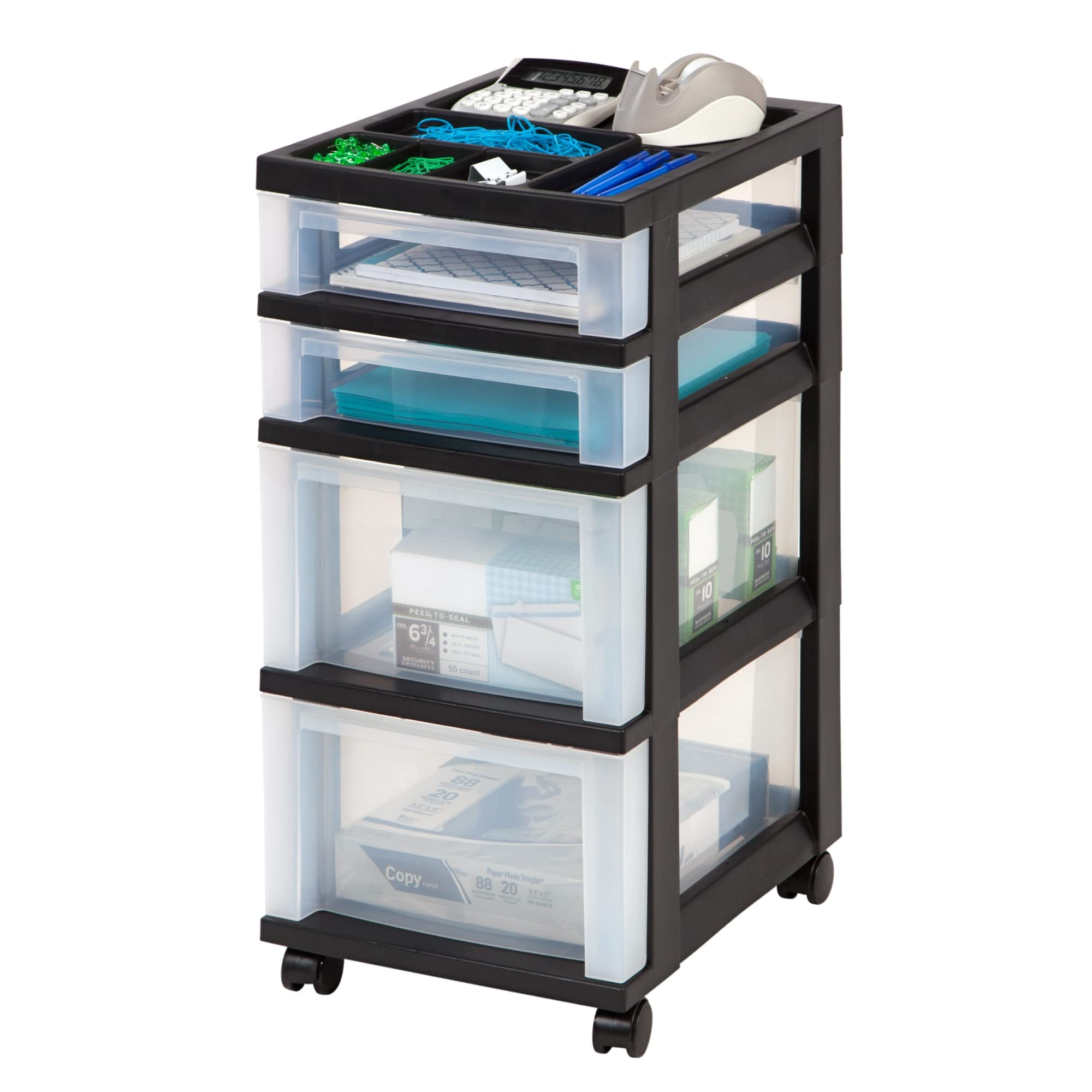 Office Depot Medium Plastic Storage Cart, 4 Drawers, 26 7/16in.H x 12 1/16in.W x 14 1/4in.D, Black, 116813