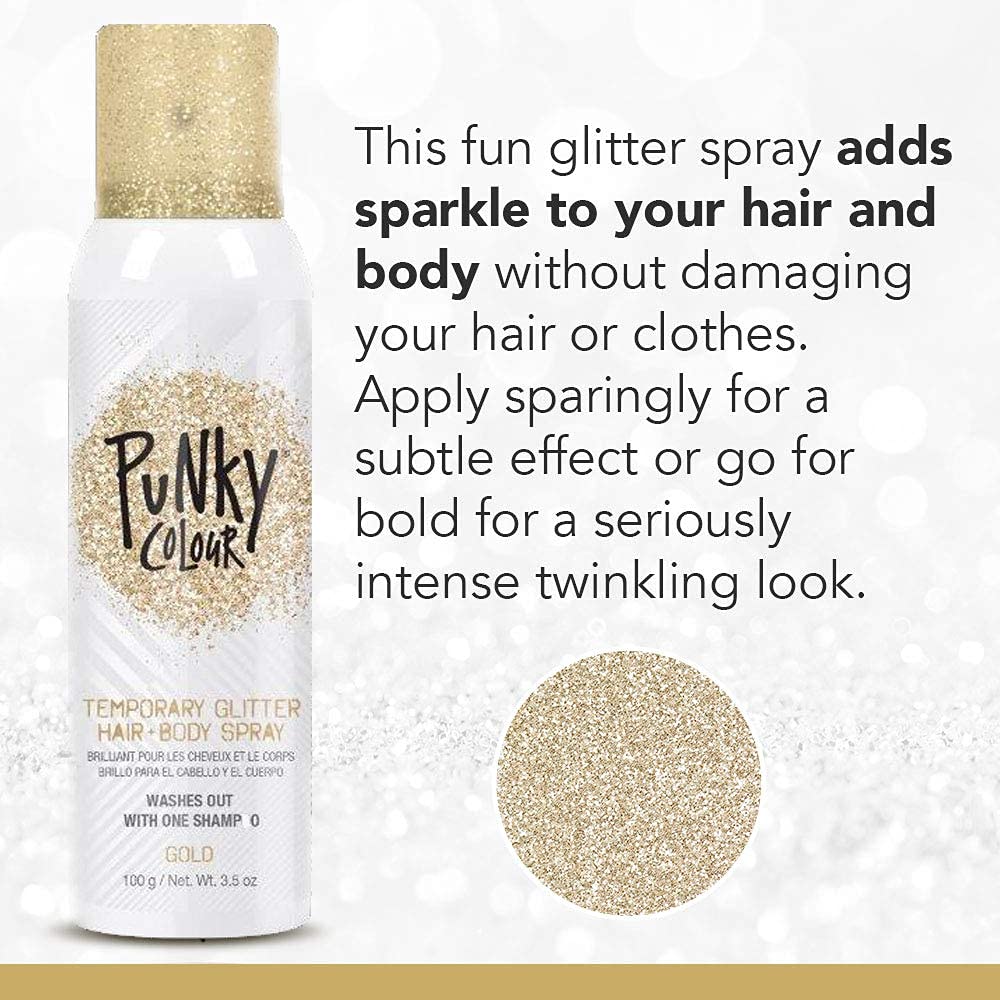 Punky Temporary Hair and Body Glitter Color Spray, Travel Spray, Lightweight, Adds Shimmery Glow, Perfect to use On Hair, Skin, or Clothing, 3.5 oz - Gold