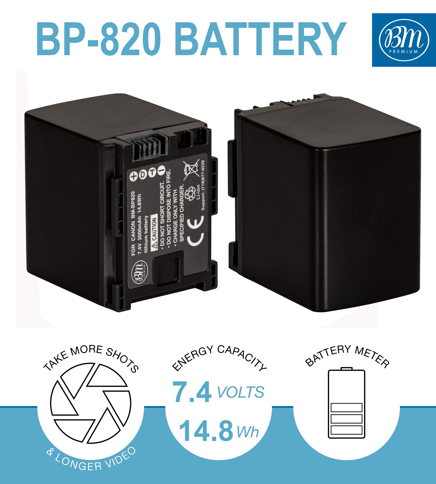 BM Premium 2 BP-820 Batteries for Canon VIXIA HF G50, HF G60, HF G70, XA40, XA45, XA50, XA55, GX10, HF G21, HFG30, HFG40, XA10, XA11, XA15, XA20, XA25, XA30, XA35, XA60, XA65, XA70, XA75, XF400, XF405