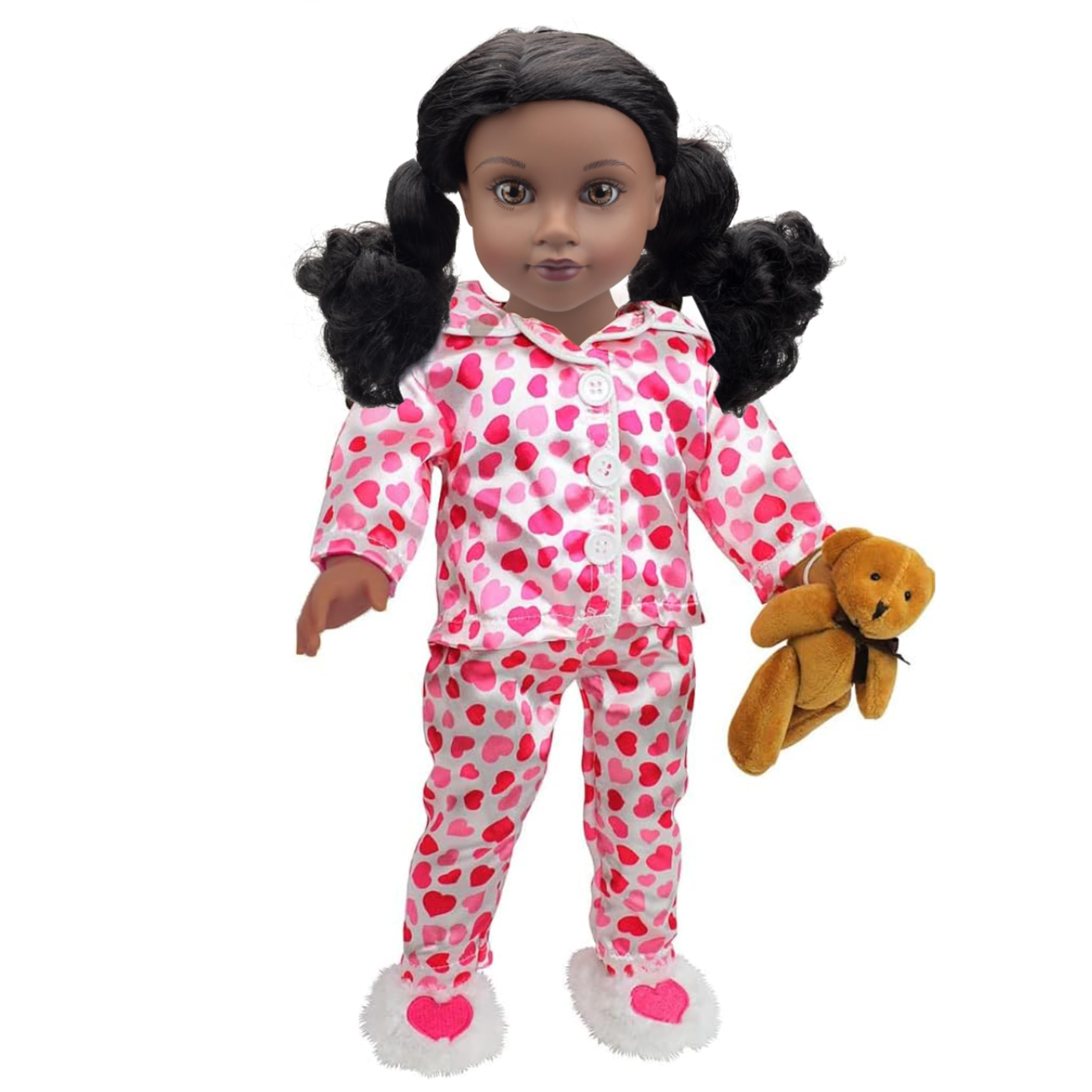 4pc Red & Pink Heart PJ Doll Outfit w Teddy Bear- 18" Doll Clothes & Accessories Compatible w American Girl Dolls- Set Includes Cozy Pajama Top & Bottom, Slippers, & Teddy Bear- Great Gift for Girls